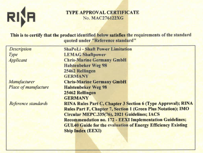 Chris Marine (Lemag) ShaPoLi - RINA type approval certificate (TAC ... Chris Marine (Lemag) ShaPoLi - RINA type approval certificate (TAC ...