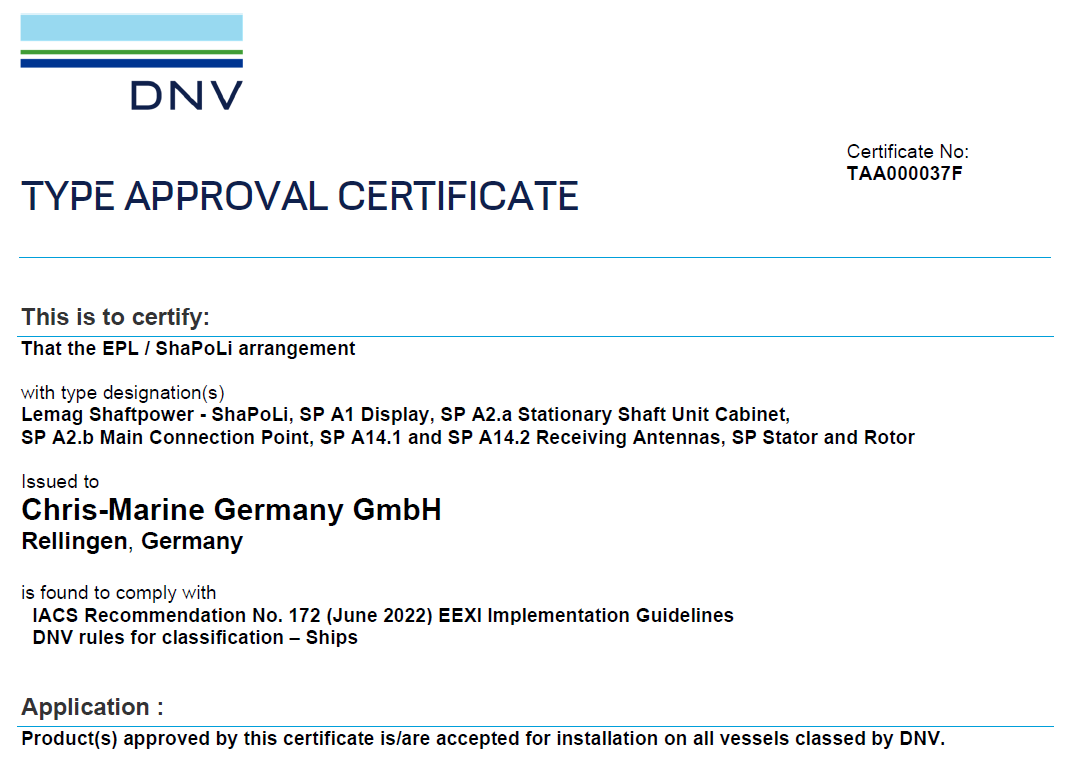 Chris Marine (Lemag) ShaPoLi - DNV type approval certificate (TAC) - Technava